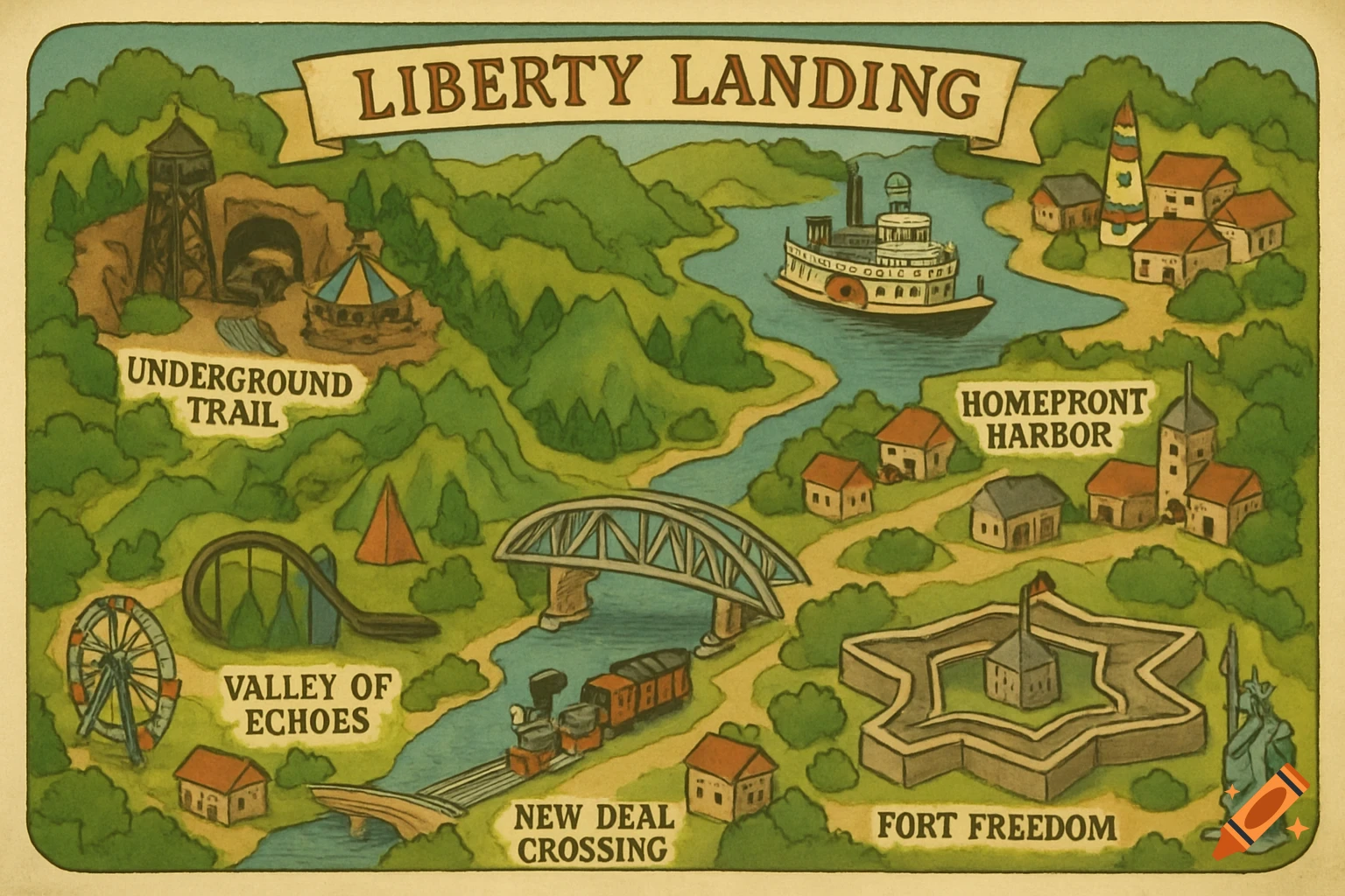 Illustrated map of Liberty Landing amusement park, showing areas like ...