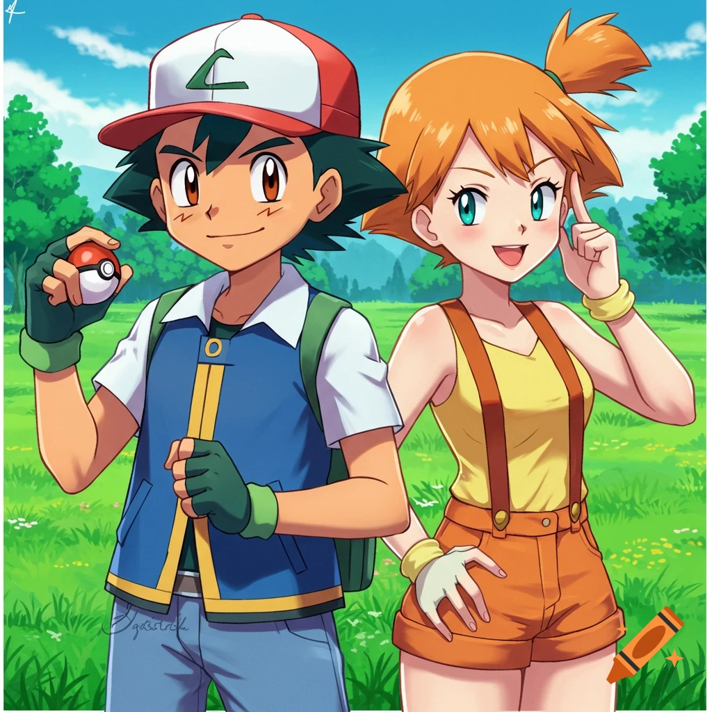 Ash holding a pokeball next to Misty in a field in anime style. on Craiyon