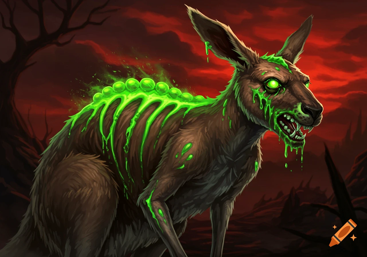A zombified kangaroo covered in green goo with glowing eyes in a dark ...