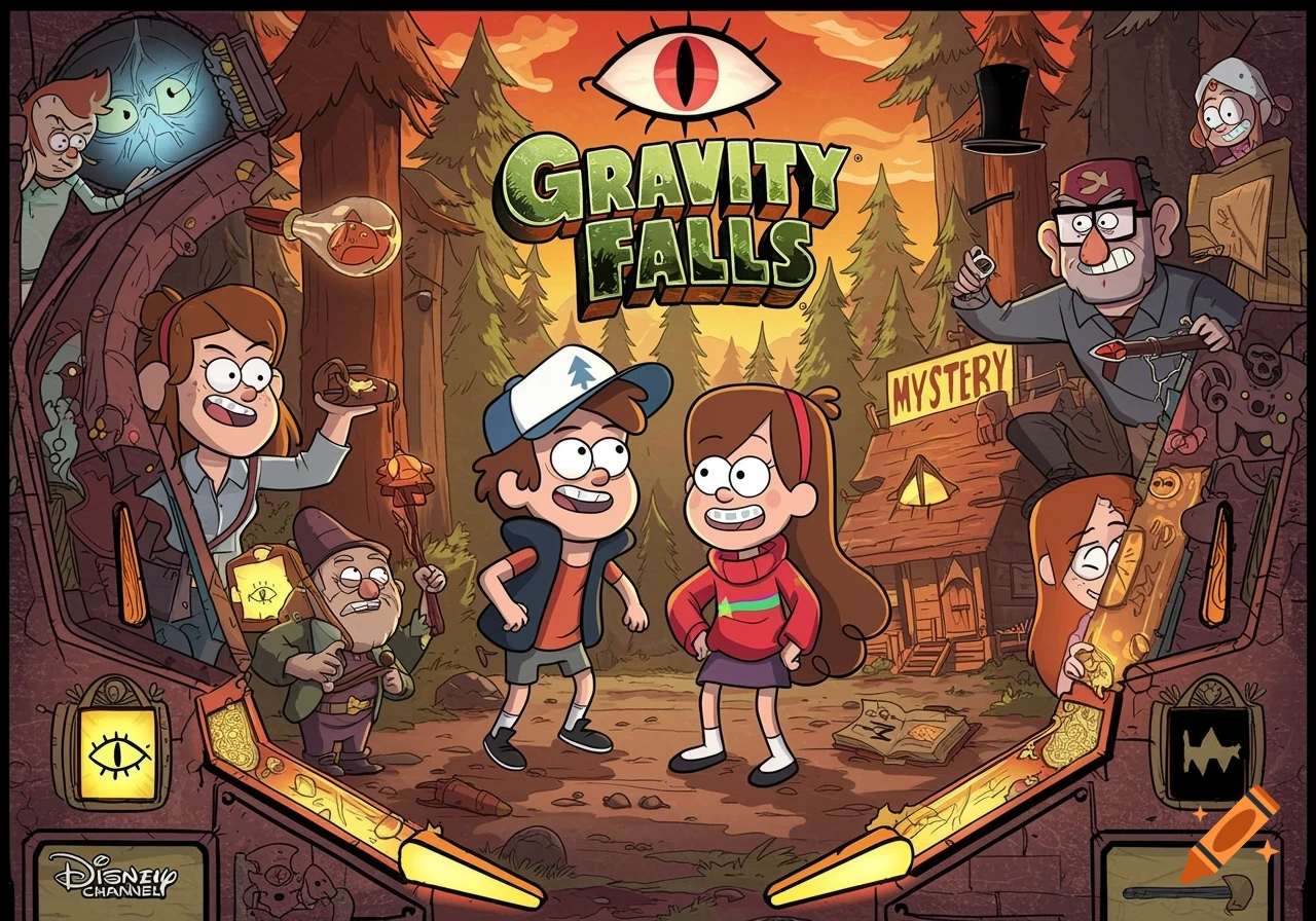Cartoon art of Gravity Falls characters on a pinball machine backglass ...