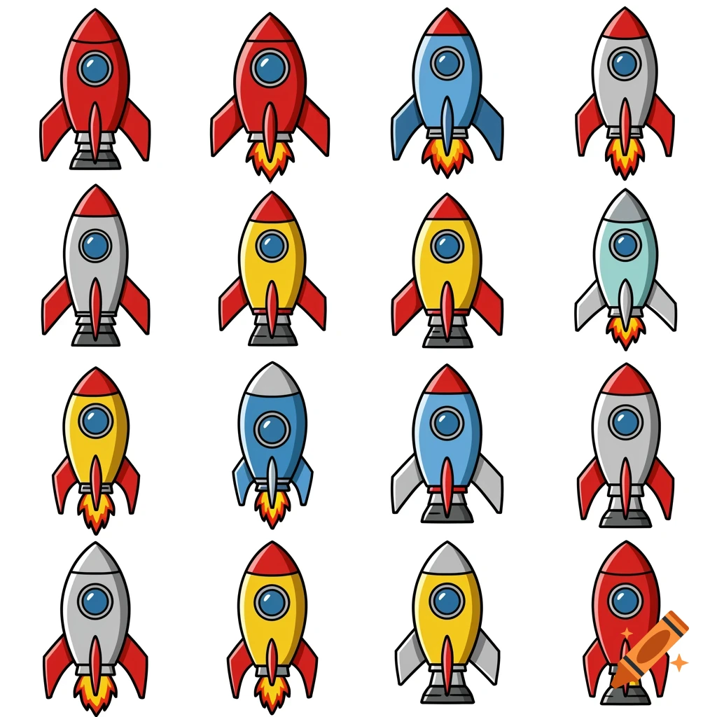 Grid of colorful cartoon rockets on Craiyon