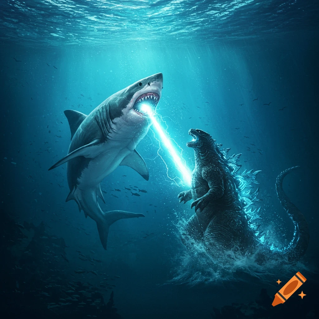Great white shark shoots a laser beam at Godzilla underwater. on Craiyon