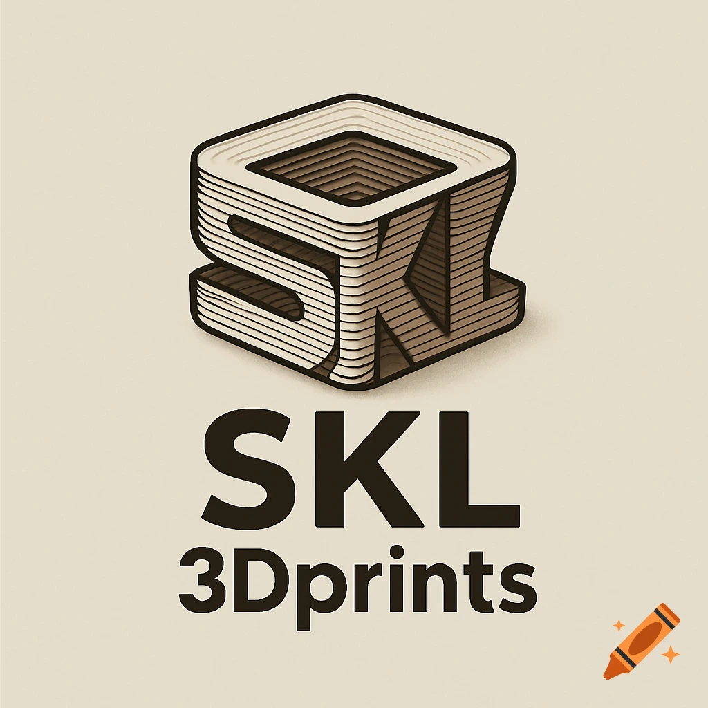 Layered geometric SKL logo above the text SKL 3Dprints. on Craiyon