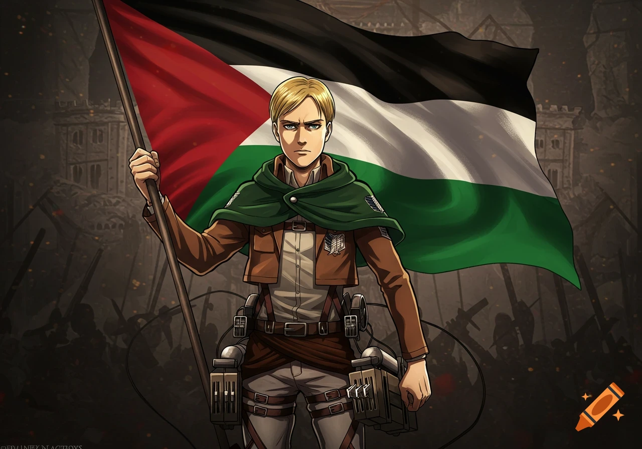 Anime character Erwin holding a Palestinian flag in uniform with a ...