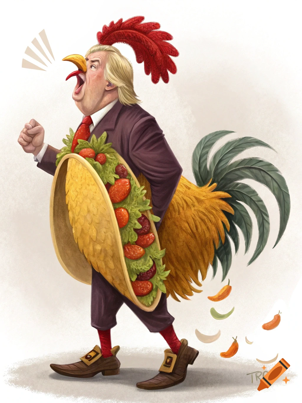 Illustration of Donald Trump as a crowing rooster wearing a giant taco ...
