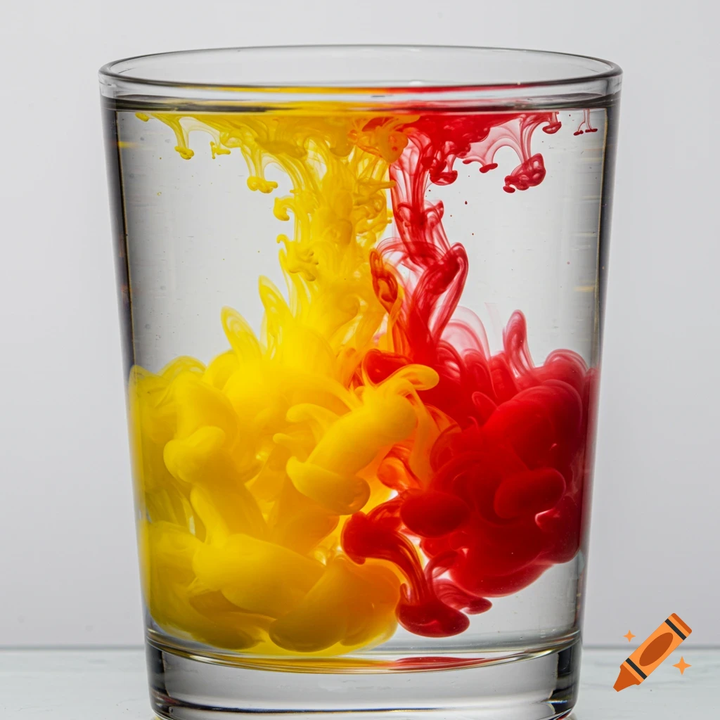 Red and yellow ink swirls mix in a clear glass of water on Craiyon