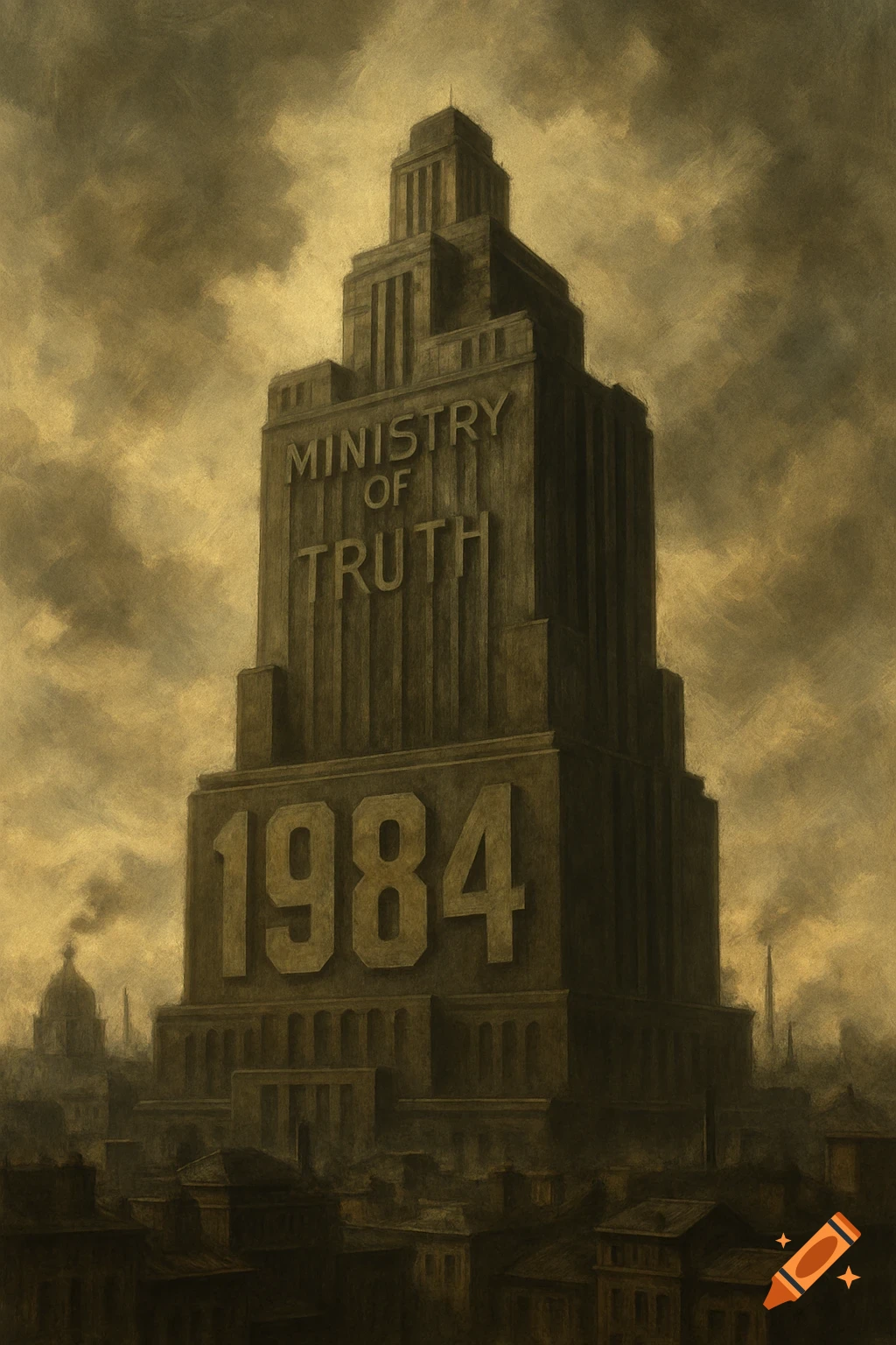 A large building labeled 'Ministry of Truth 1984' in a dark, dystopian ...