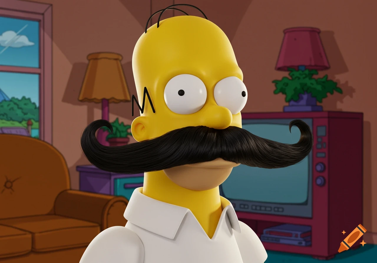 3D render of Homer Simpson with a large mustache in his living room. on ...