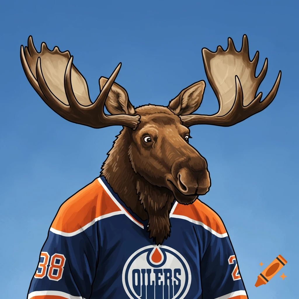 Cartoon illustration of a moose wearing an Edmonton Oilers hockey ...