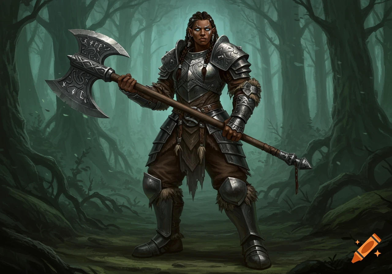 A half-giant warrior in ornate armor holds a large double-bladed axe in ...
