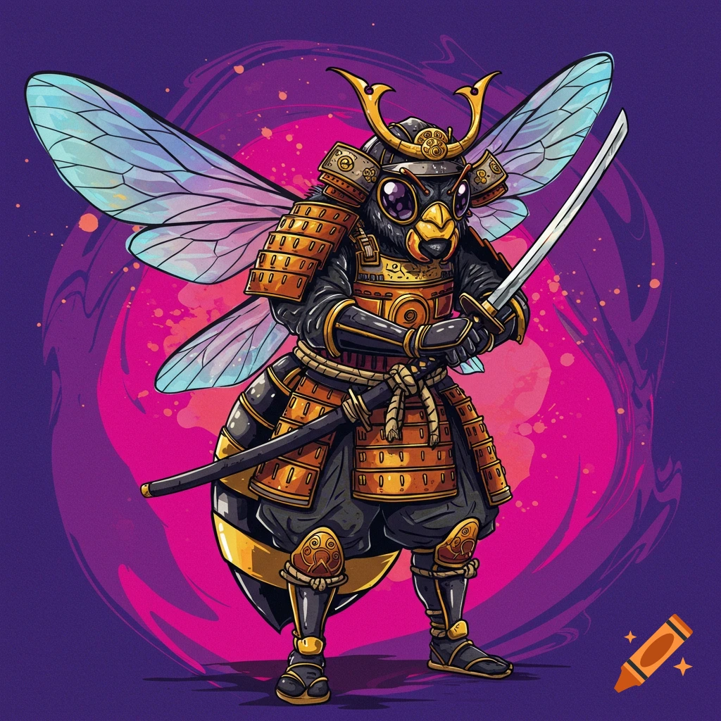 An illustration of a bee wearing samurai armor and holding a katana. on ...