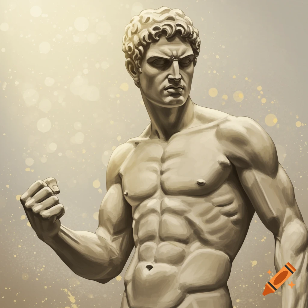 Classical sculpture of a muscular man flexing his fist. on Craiyon