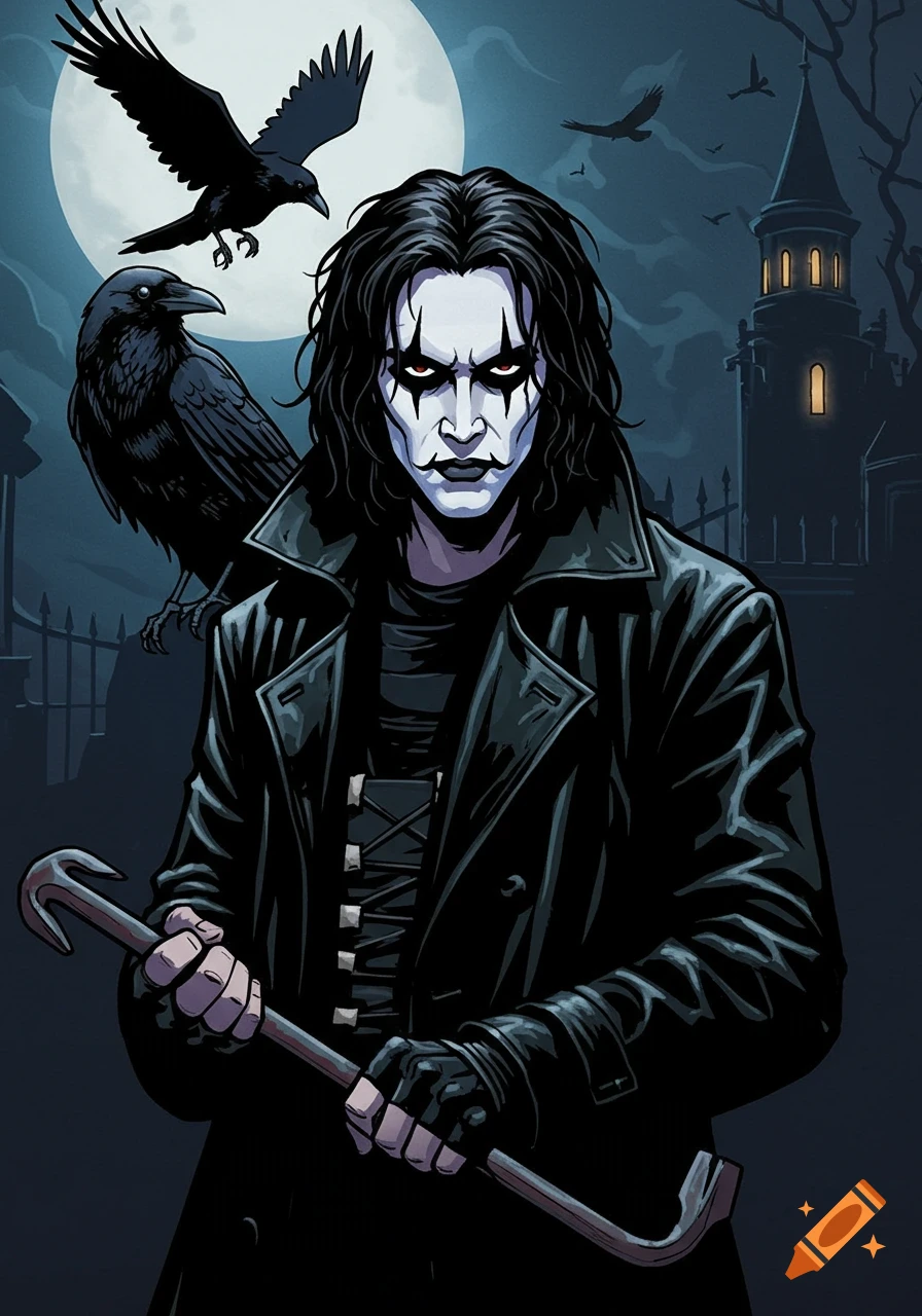 Cell-shaded illustration of Eric Draven as The Crow holding a crowbar ...