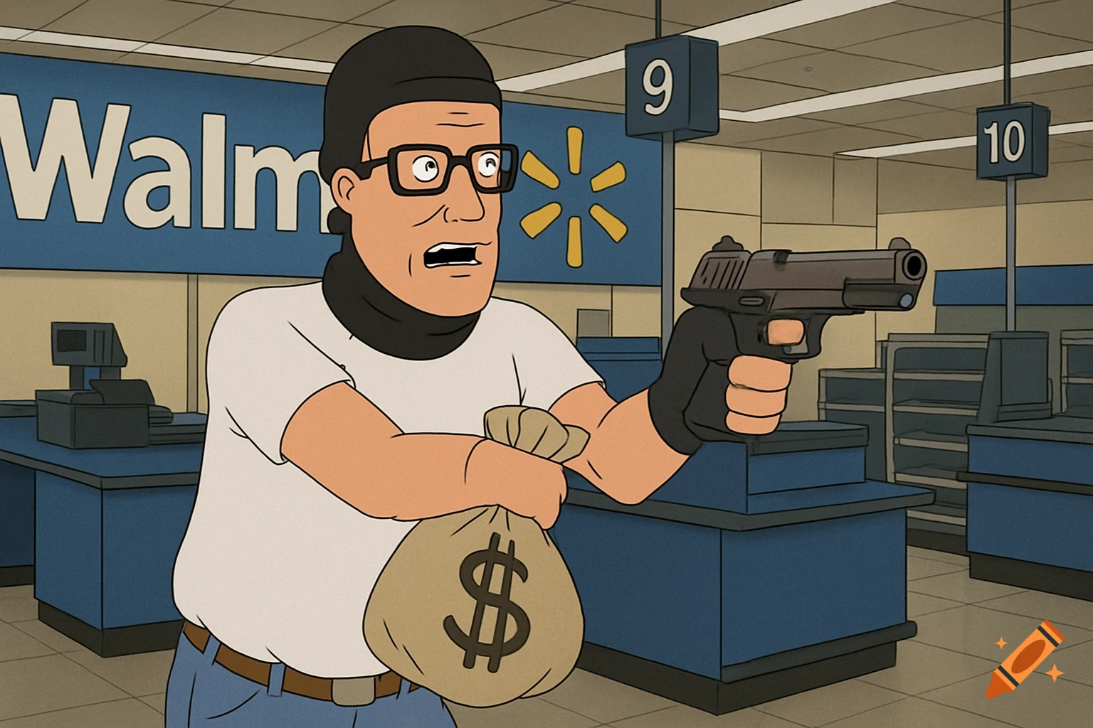 Cartoon character resembling Hank Hill in a ski mask robs a Walmart at ...