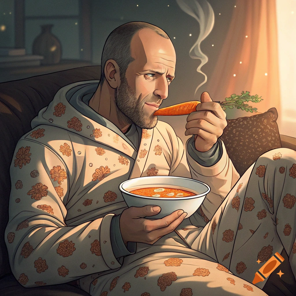 Cartoon man resembling Jason Statham eats a carrot and soup in ...