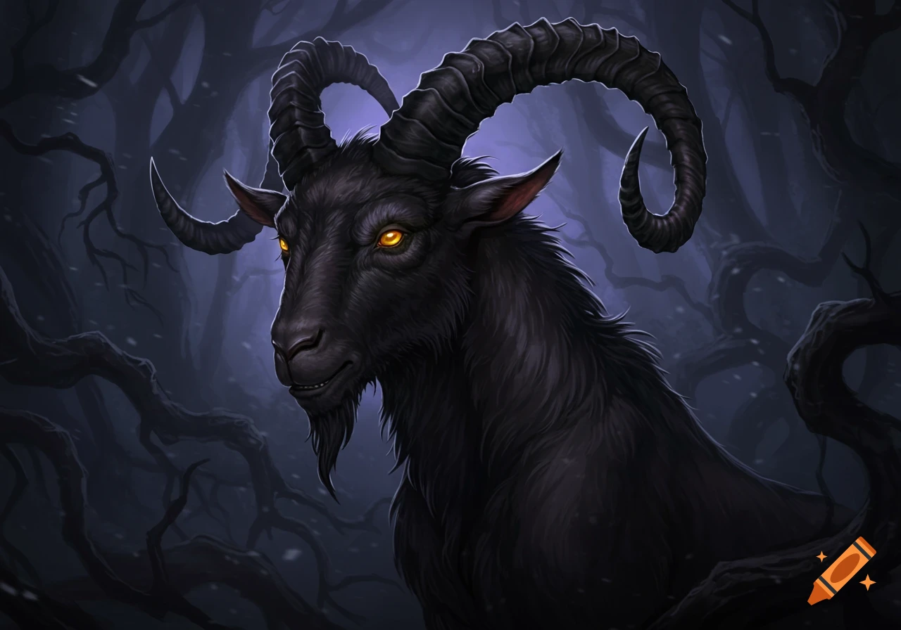 Illustration of a black demon goat with glowing yellow eyes in a dark ...