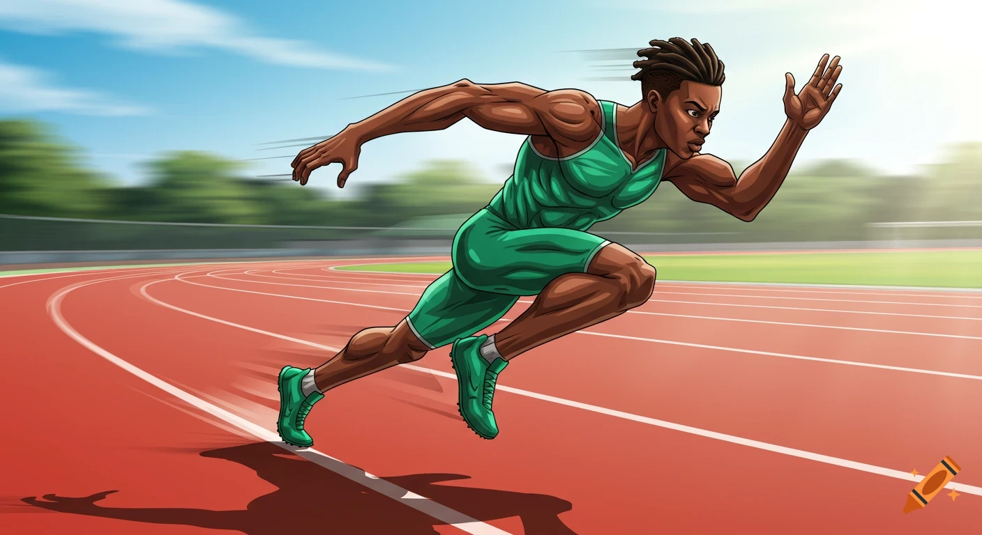 Illustrated young African man running on a track at high speed. on Craiyon
