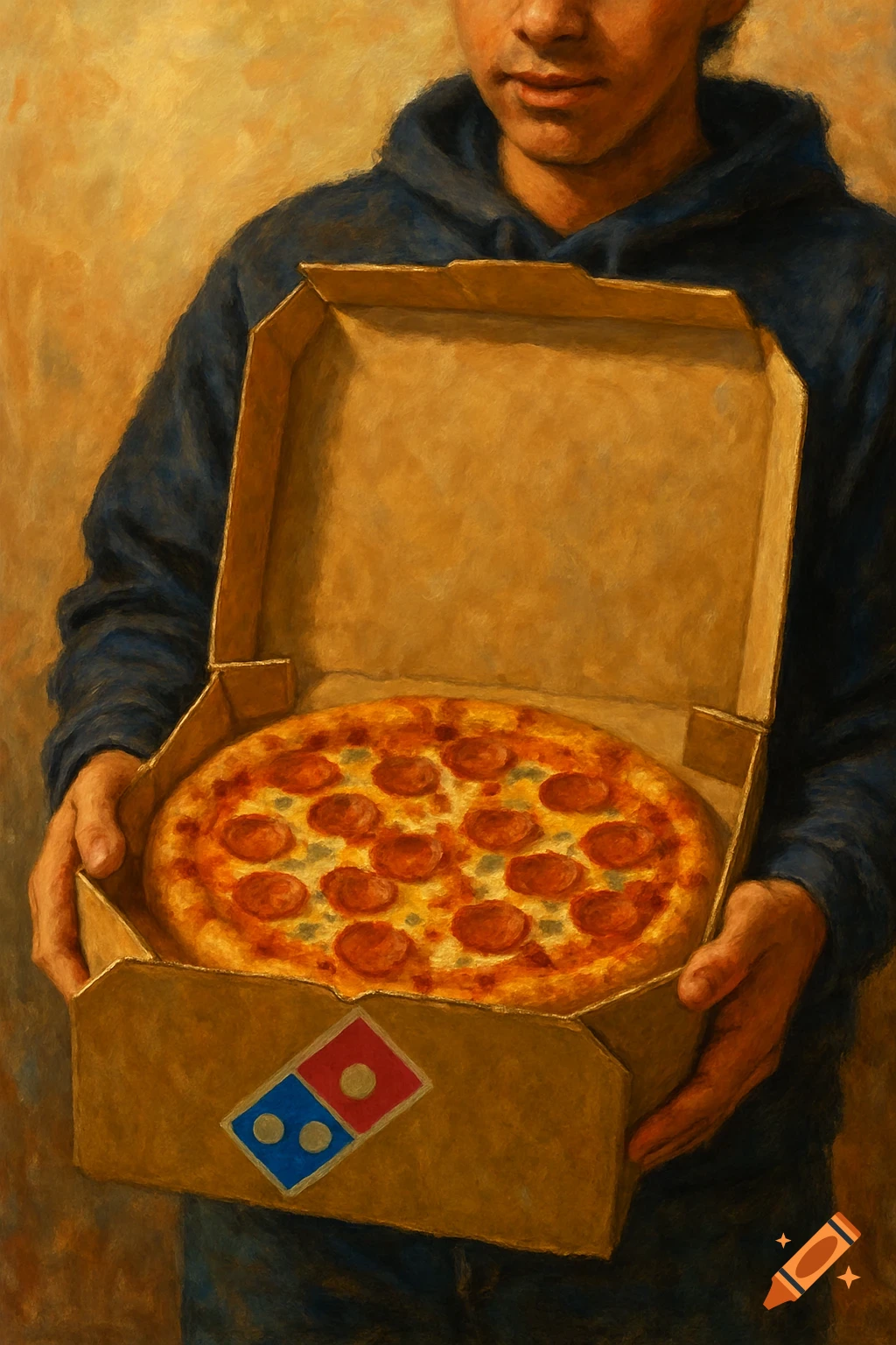 A person holds an open pizza box with a pepperoni pizza inside, in a ...