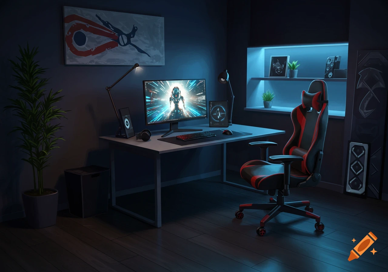 Modern gaming setup with red and black chair, desk, monitor, and ...