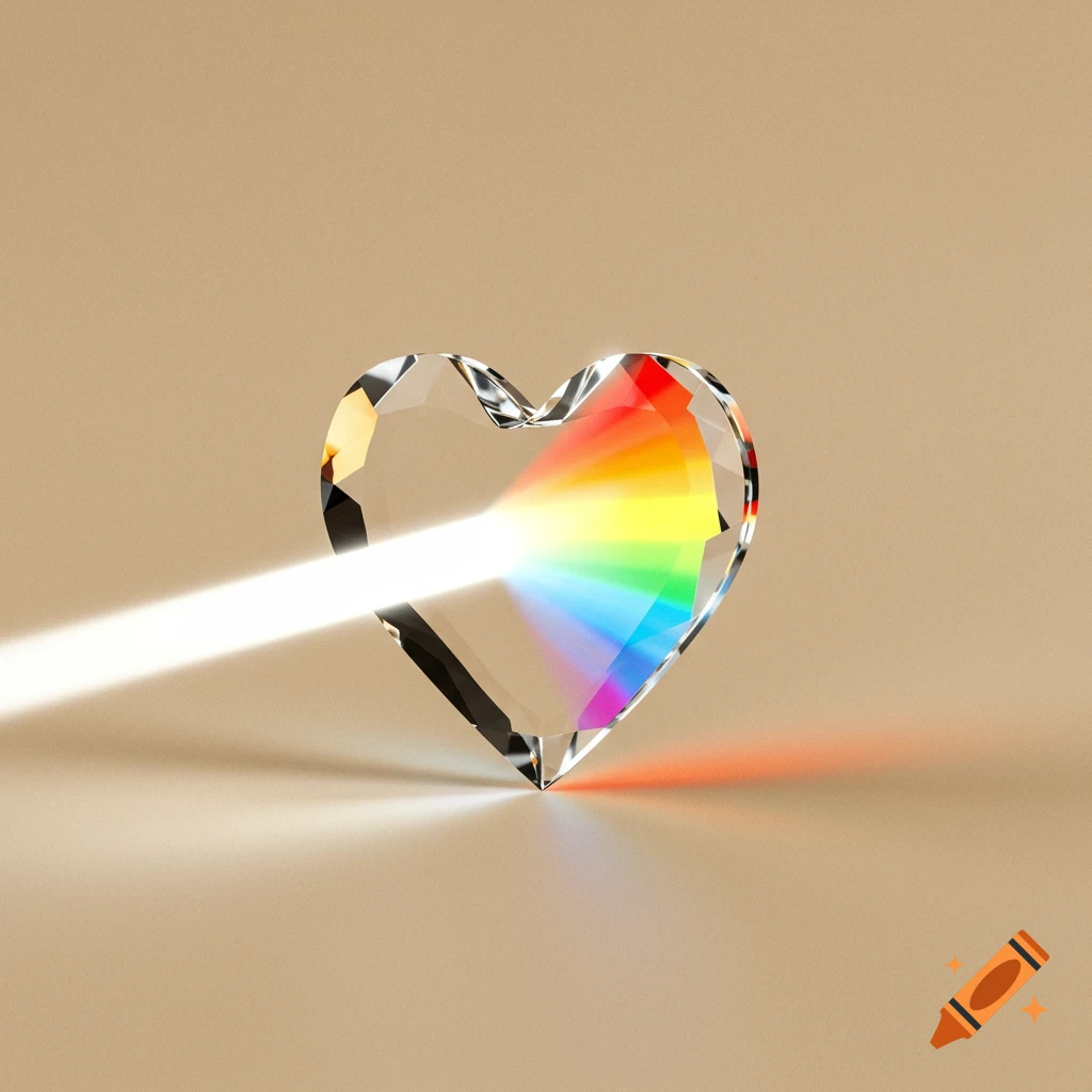 A crystal heart-shaped prism refracts a white light beam into a rainbow ...