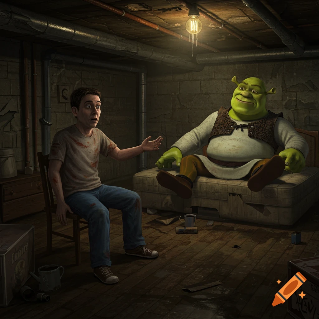 Shrek sits on a mattress in a dark basement, talking to a startled man ...