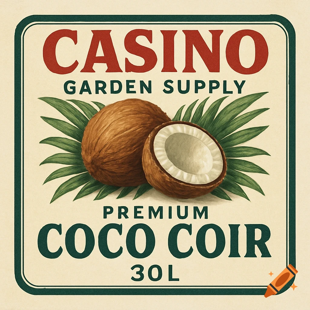 Label for Casino Garden Supply Coco Coir with coconuts and palm leaves ...