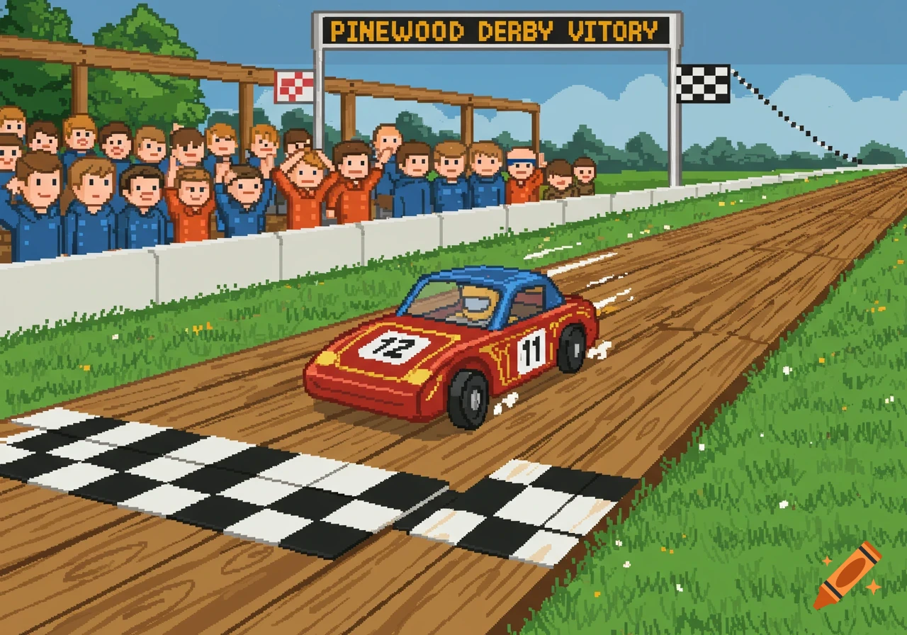 Pixel art of a red Pinewood Derby car with numbers 11 and 12 crossing ...