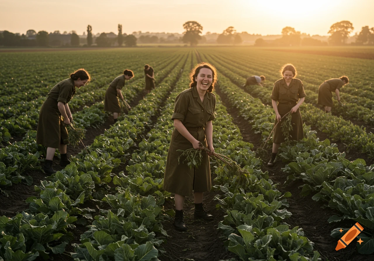 Women in historical work uniforms harvest crops in a field at sunset on ...