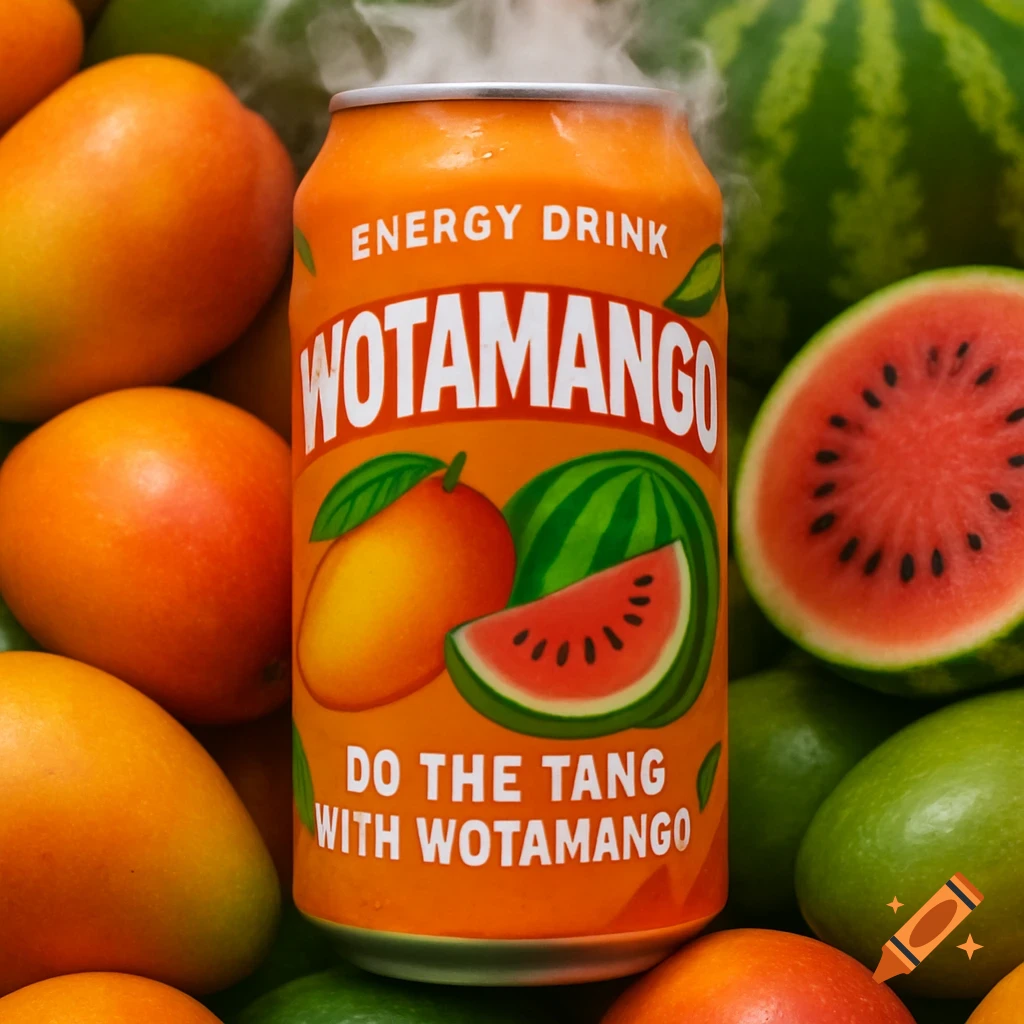Orange energy drink can labeled WOTAMANGO surrounded by mangoes ...