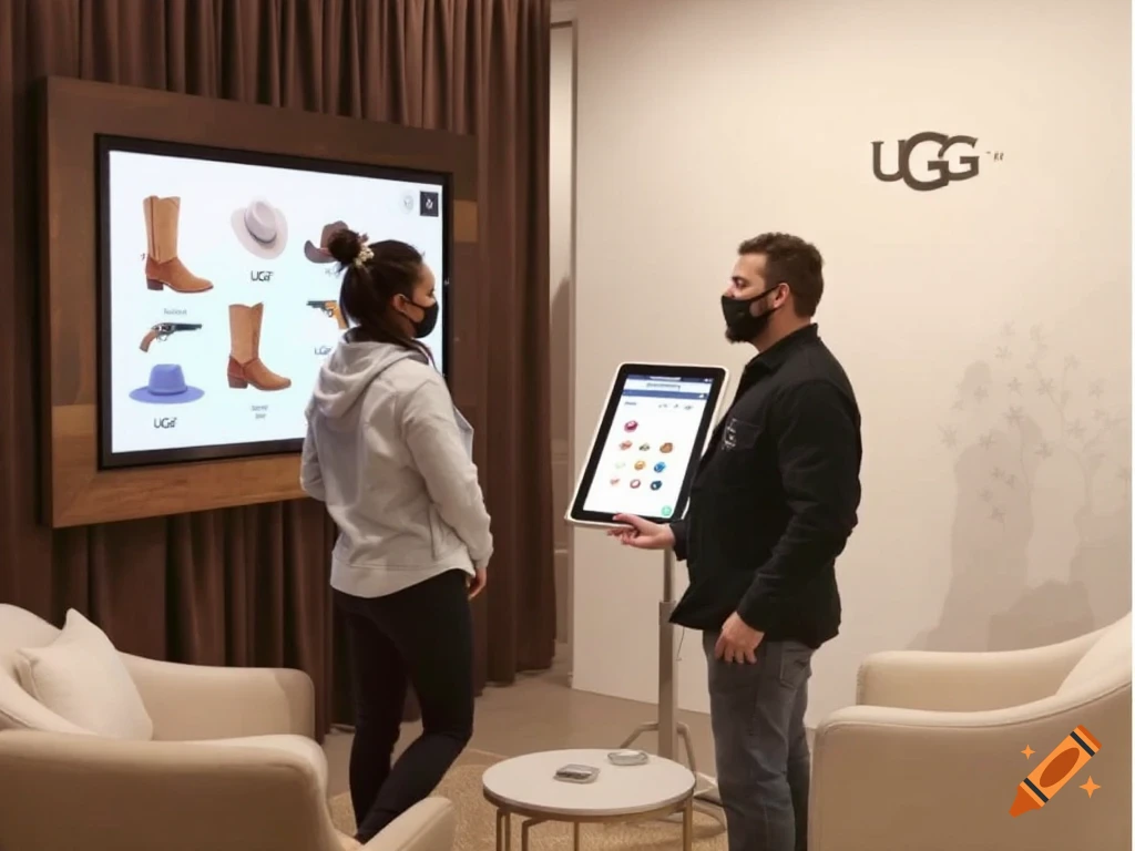 Two people in a UGG store looking at digital displays showing fashion ...