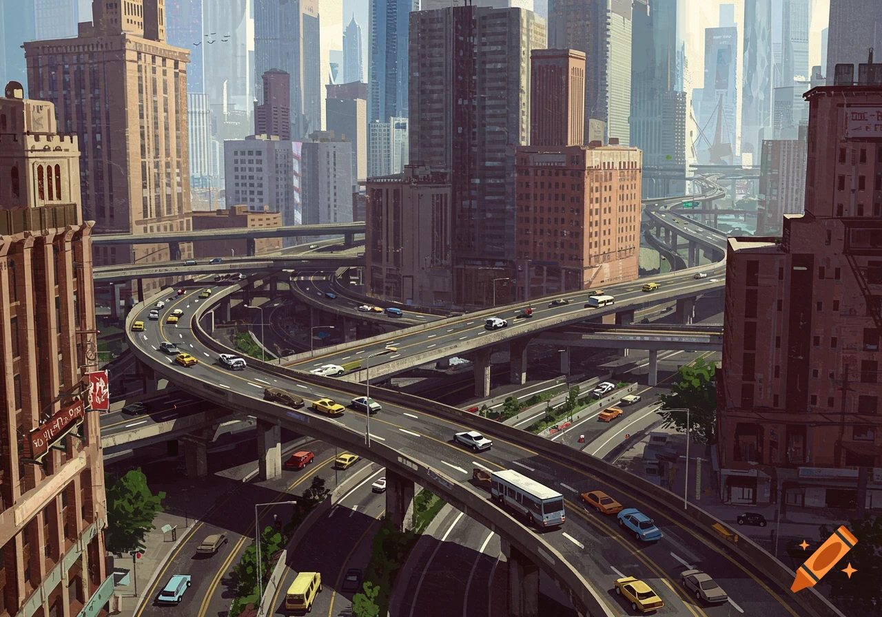 A complex network of highways with cars winding through a city with ...