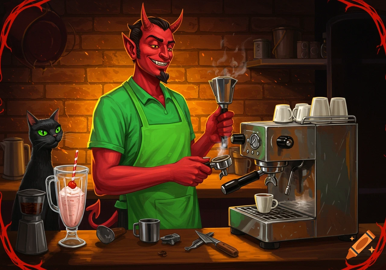 Illustrative image of a devil barista making espresso while a black cat ...