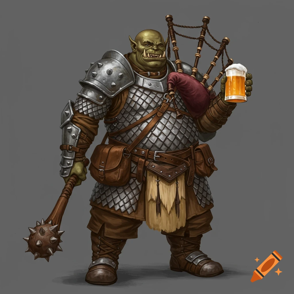 An armored orc holding a club and a mug of beer, with bagpipes strapped ...