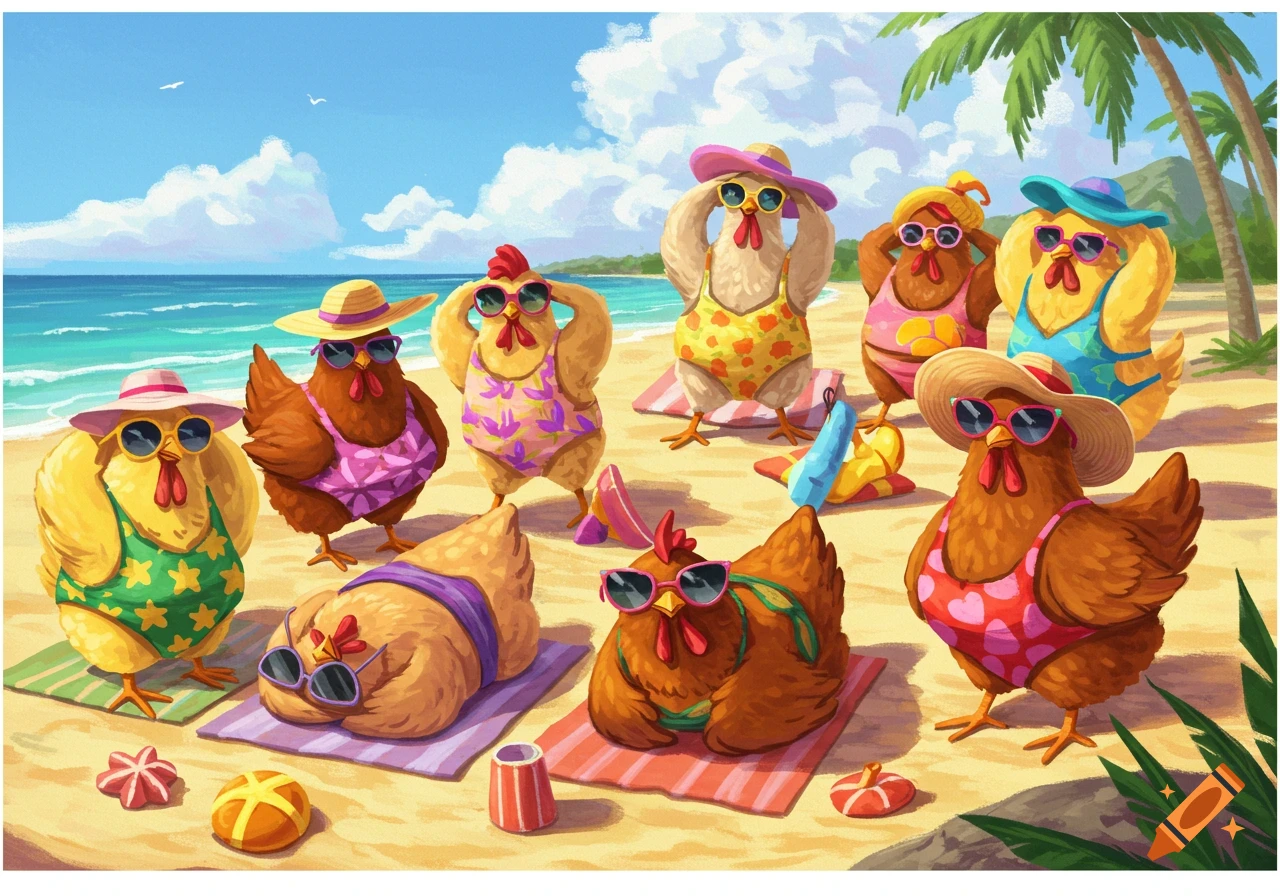 Cartoon chickens in sunglasses, hats, and swimsuits sunbathing on a ...