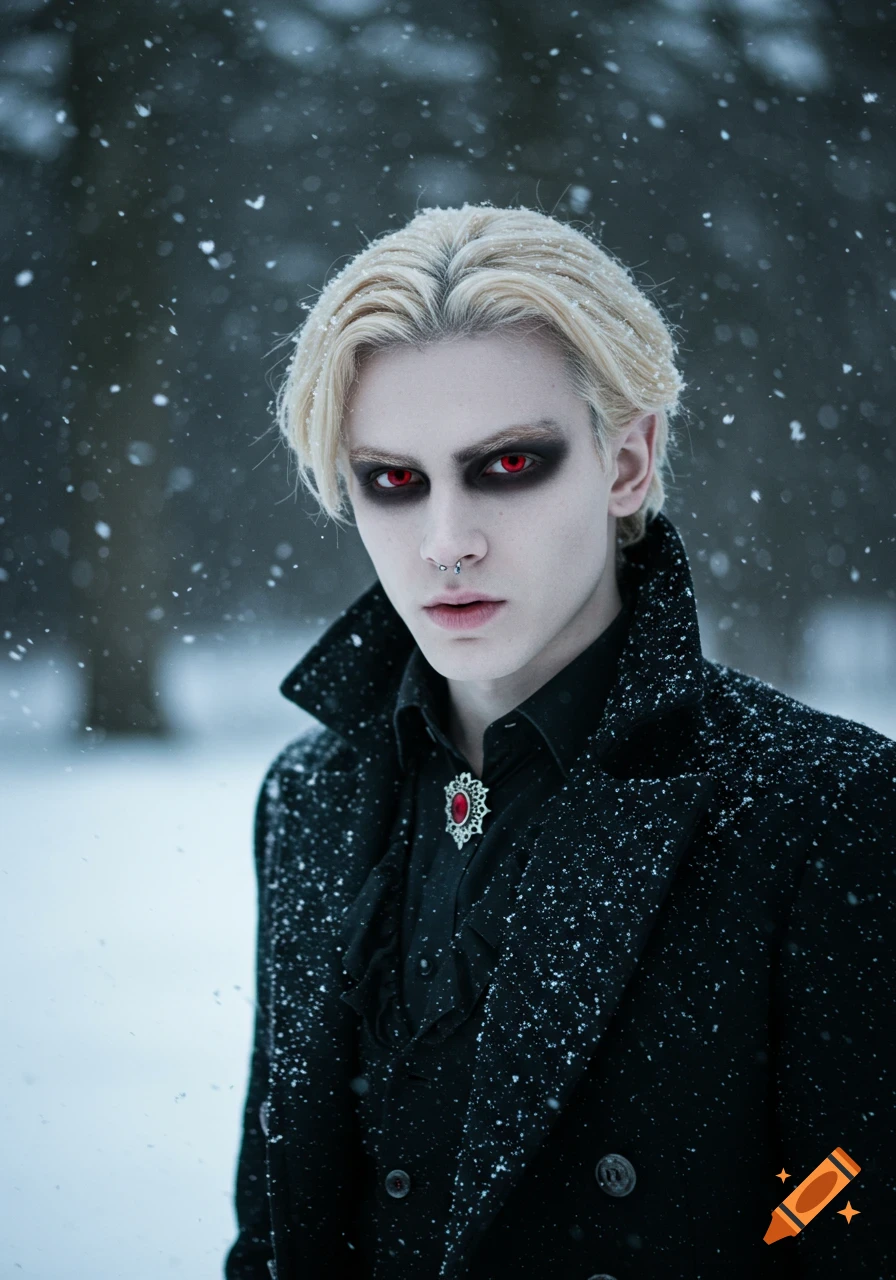 Portrait of a pale person with blonde hair and red eyes in a black coat ...