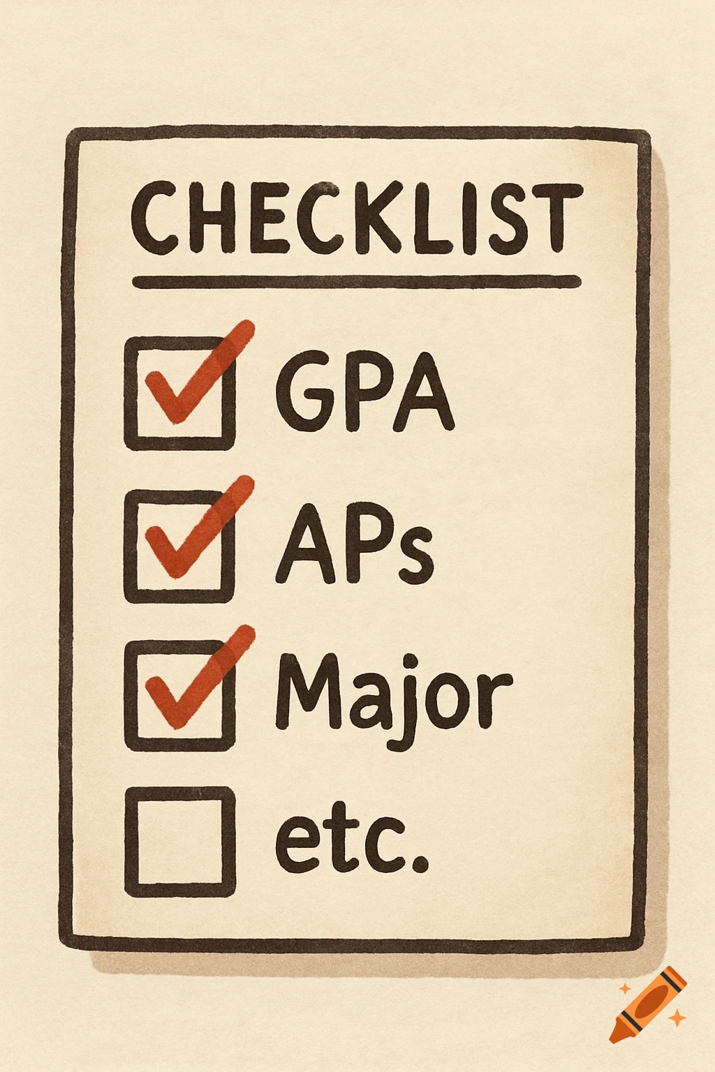 Hand-drawn checklist with items GPA, APs, Major, etc. checked off. on Craiyon
