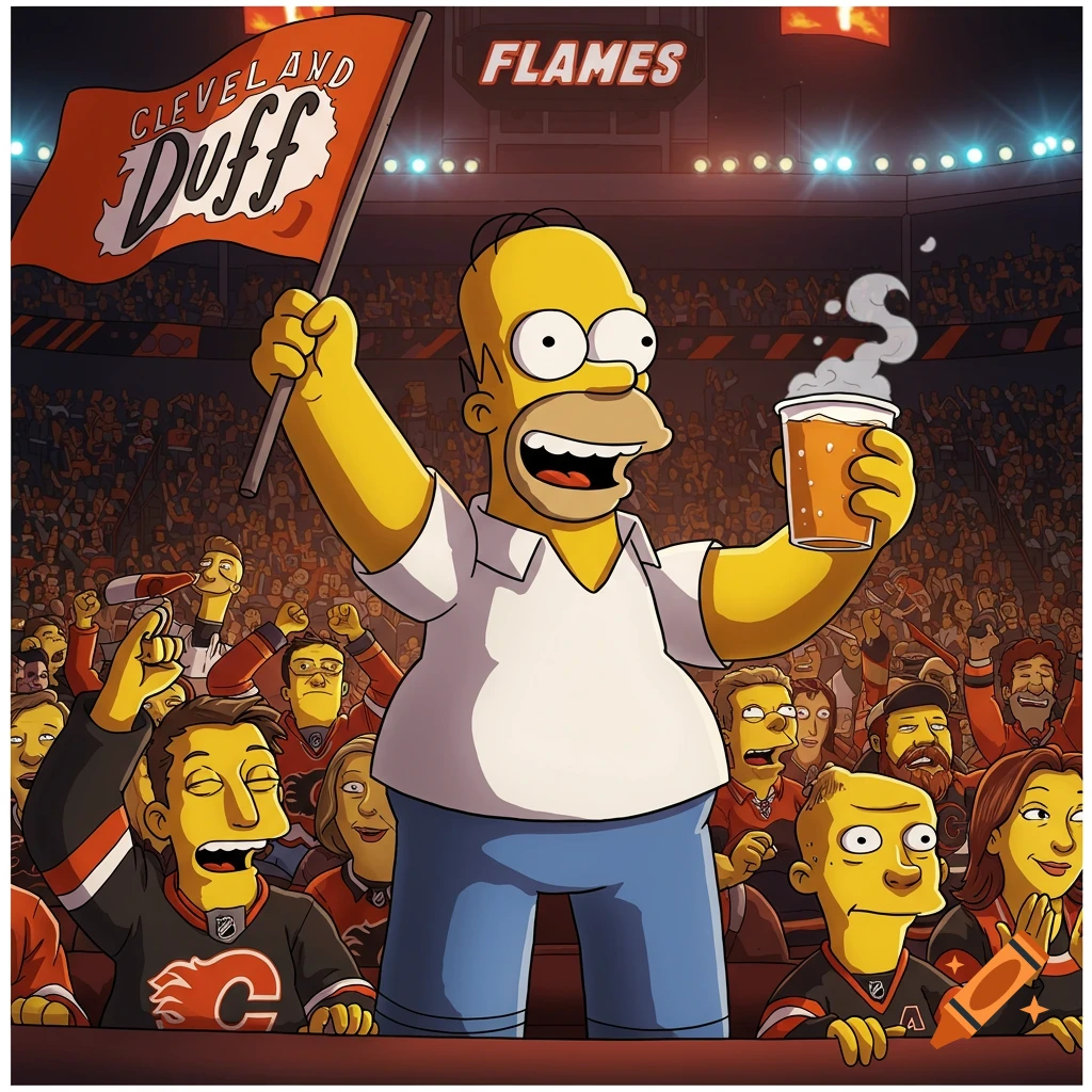 Homer Simpson at a sports game, holding a flag and a beer. on Craiyon