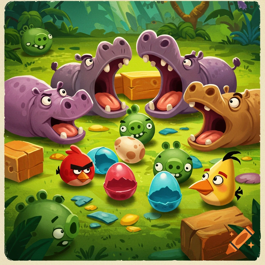 Angry Birds and Hungry Hungry Hippos characters in a jungle setting ...