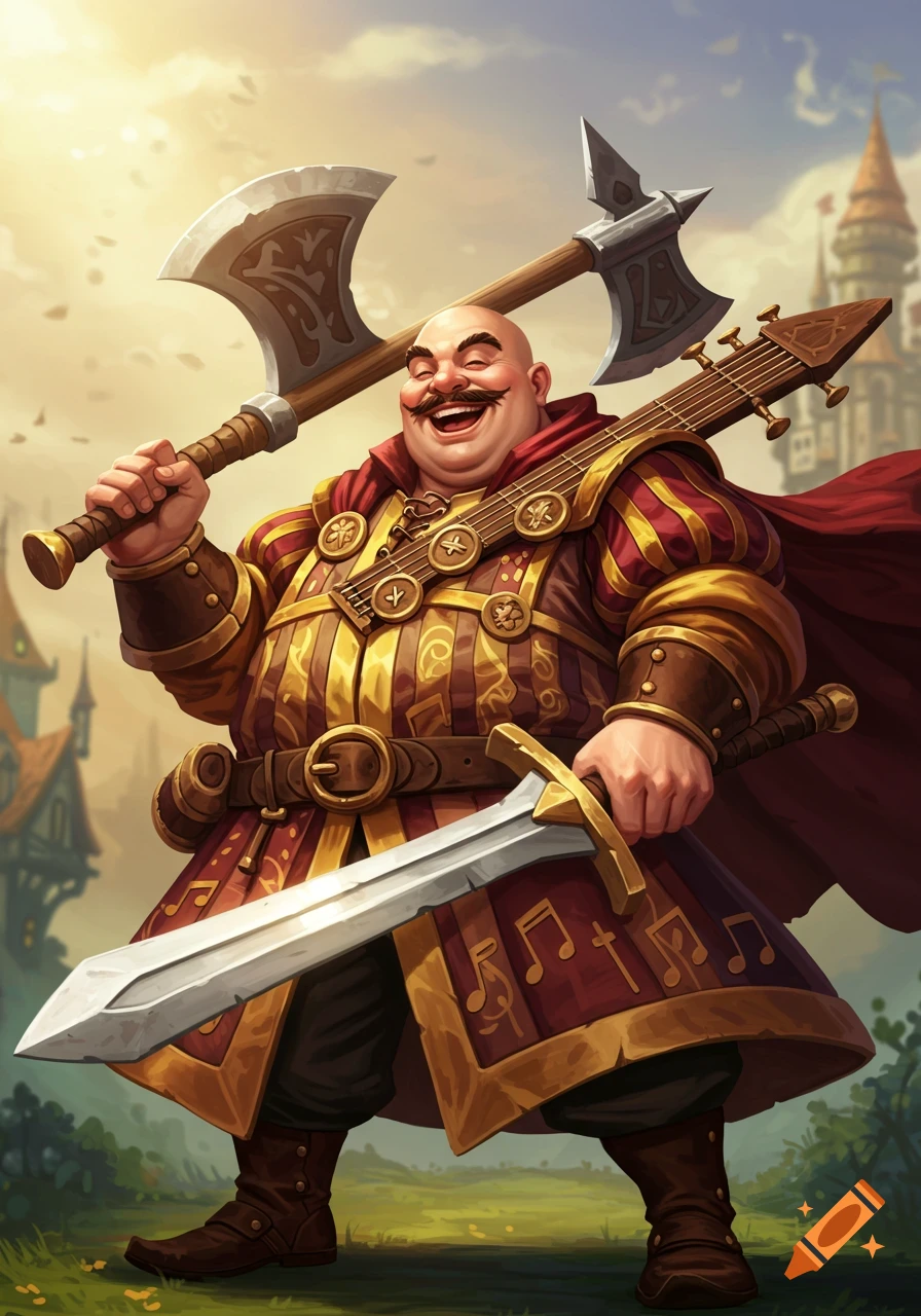 Cheerful bald man in fantasy clothes holding an axe, sword, and lute in ...