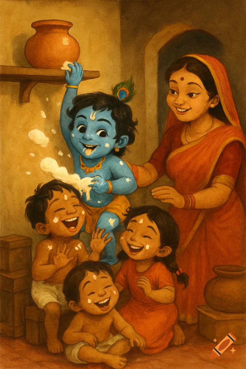 Illustration of young Krishna, his mother, and friends playing with ...