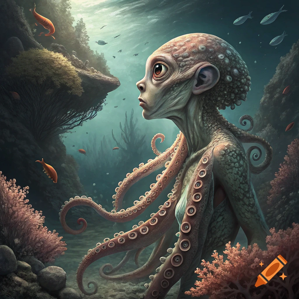 Fantasy illustration of a humanoid octopus creature underwater on Craiyon