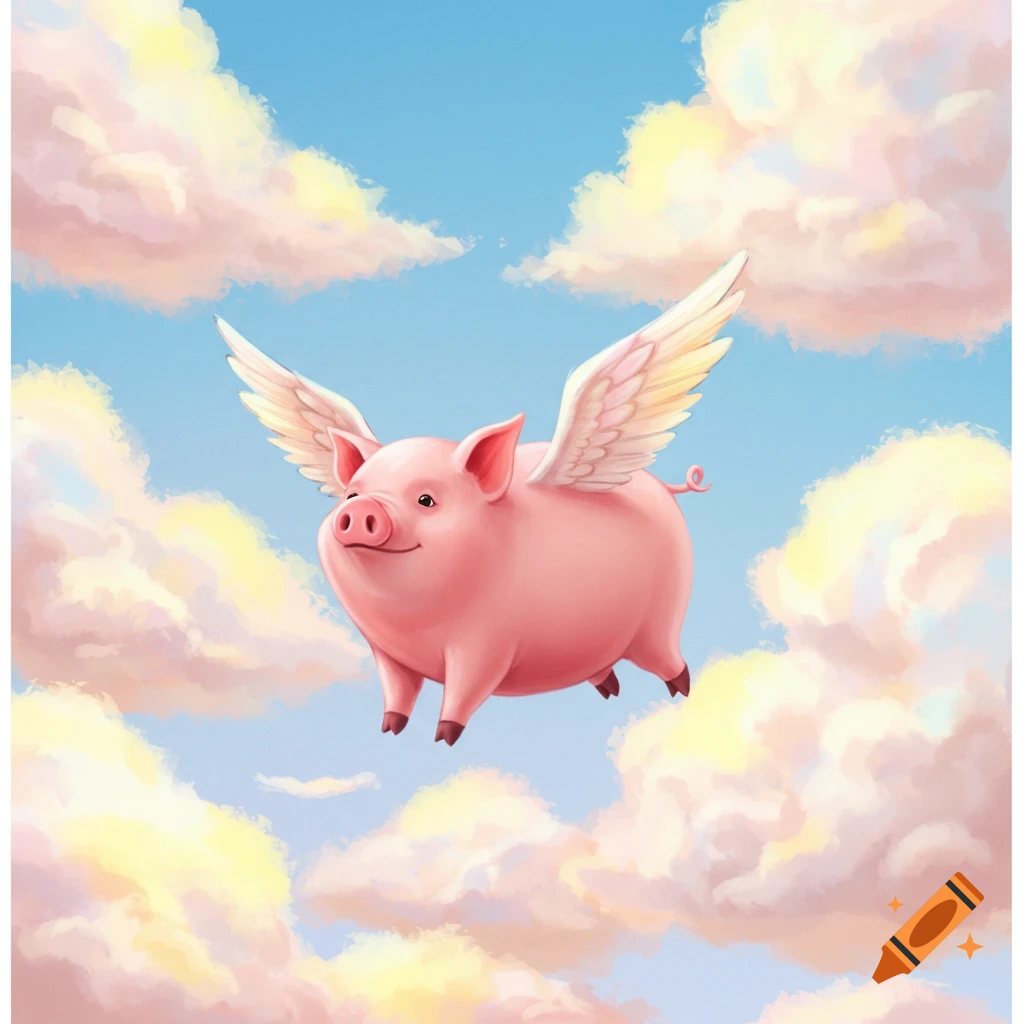 A cartoon pig with wings flies through fluffy clouds in a blue sky. on ...