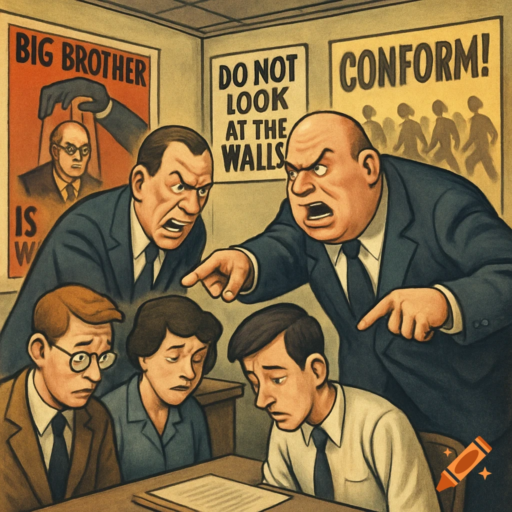 Cartoon of oppressive leaders shouting at employees in a room with ...