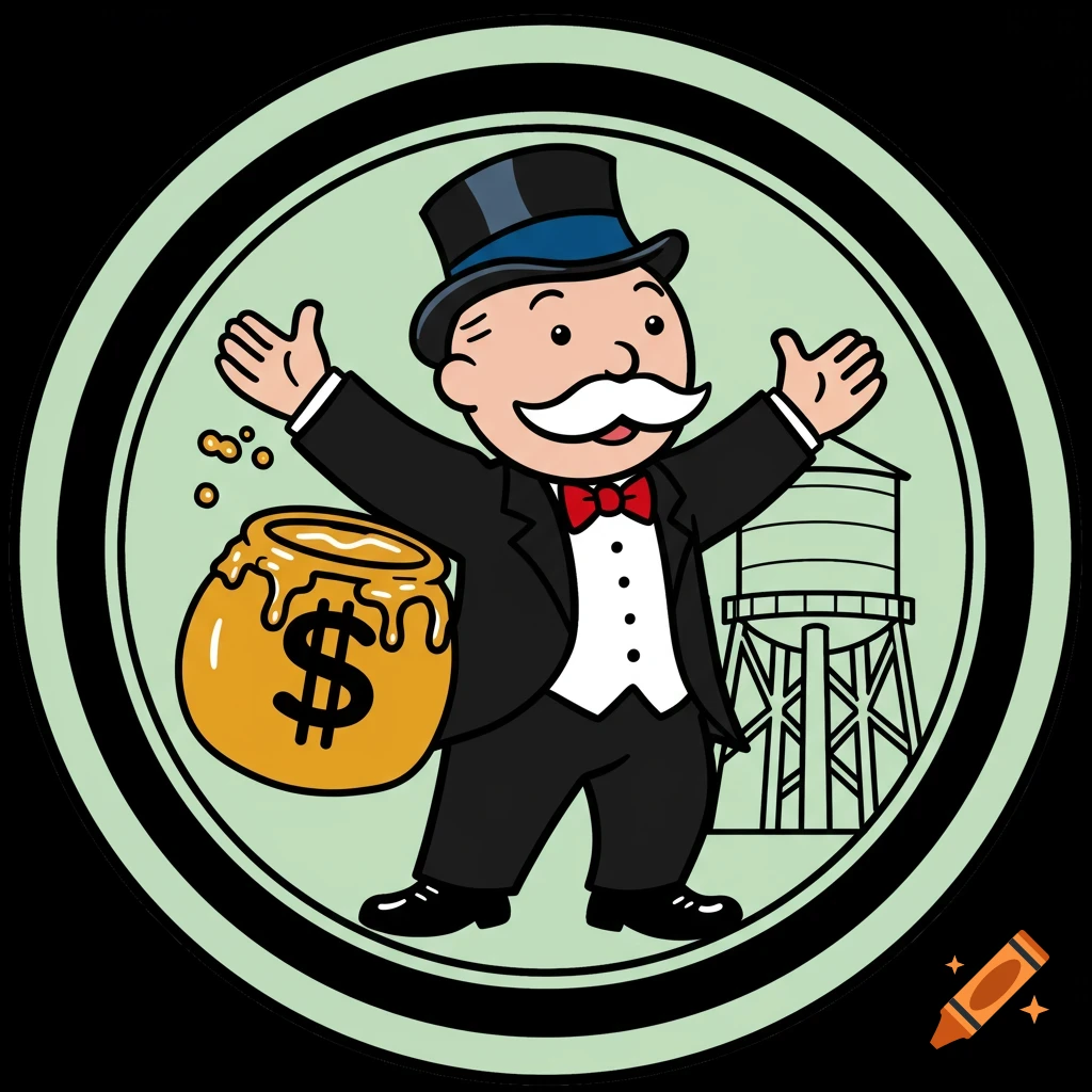 Cartoon Monopoly Man holds honey pot with dollar sign, water tower ...