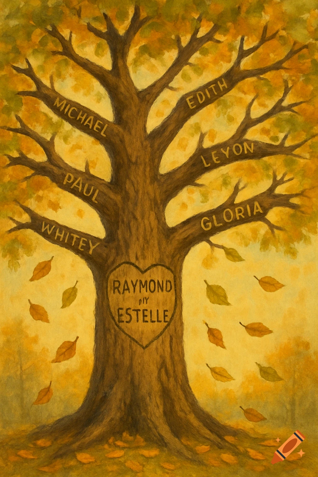 Painted family tree with names carved on branches and trunk, autumn ...