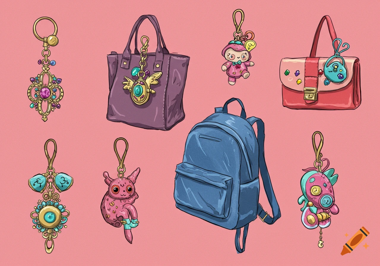 An illustration of various colorful bags and decorative charms on a ...