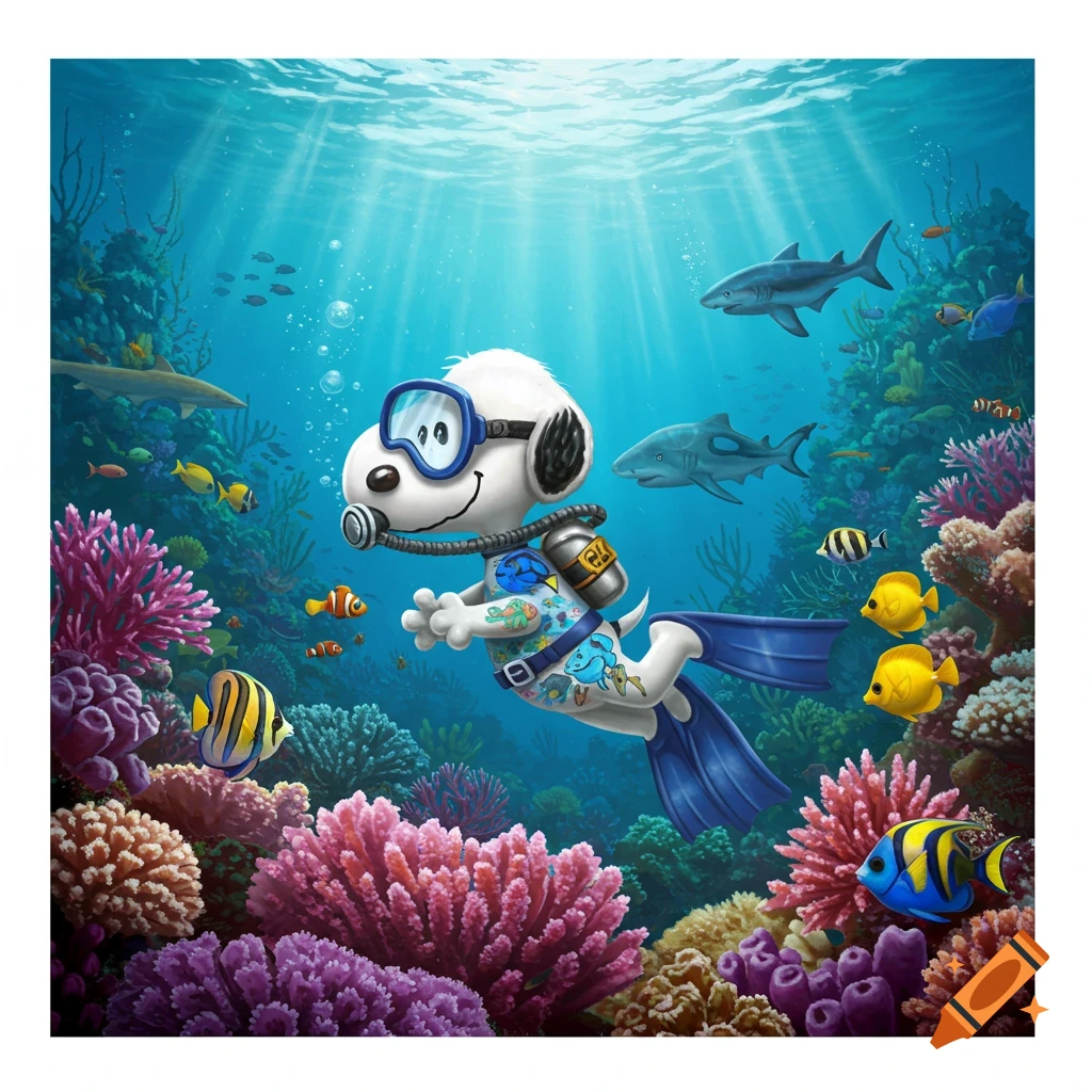 Snoopy scuba dives over a coral reef with fish. on Craiyon