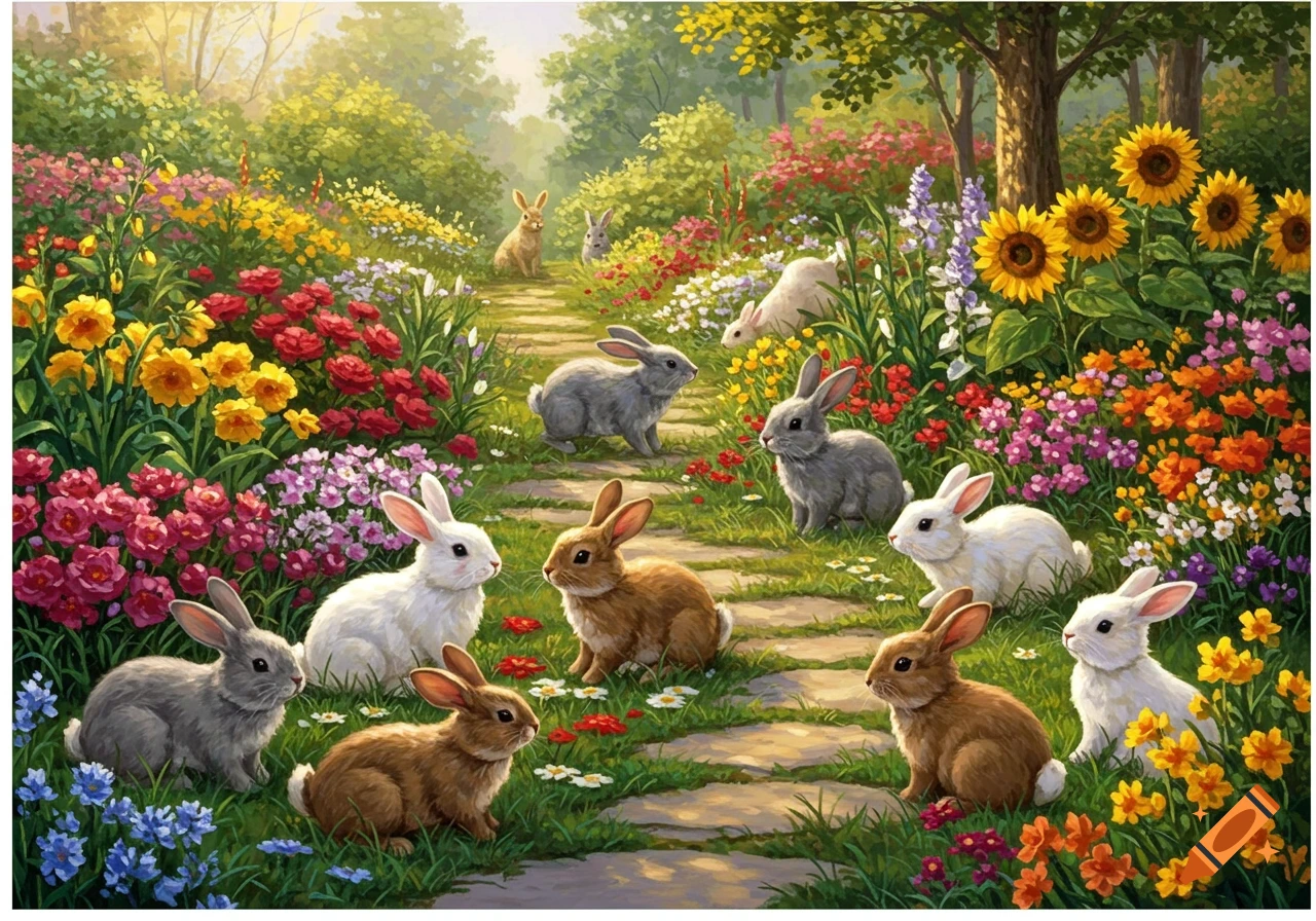 A painting of many rabbits on a stone path winding through a lush ...
