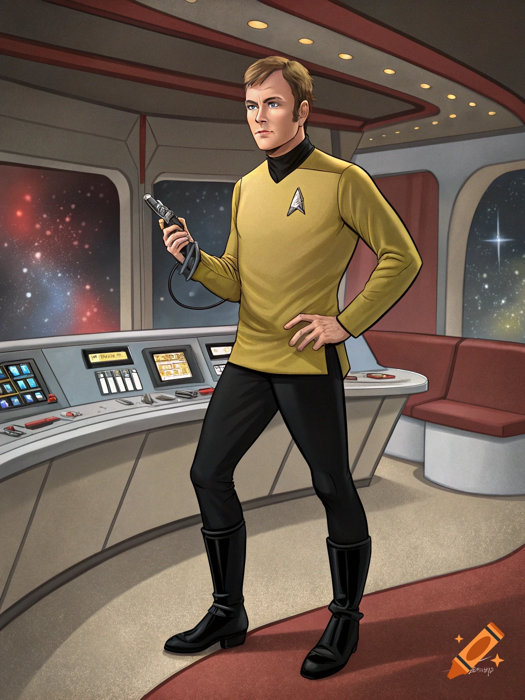 Illustration of Captain Kirk standing on the Starship Enterprise bridge ...