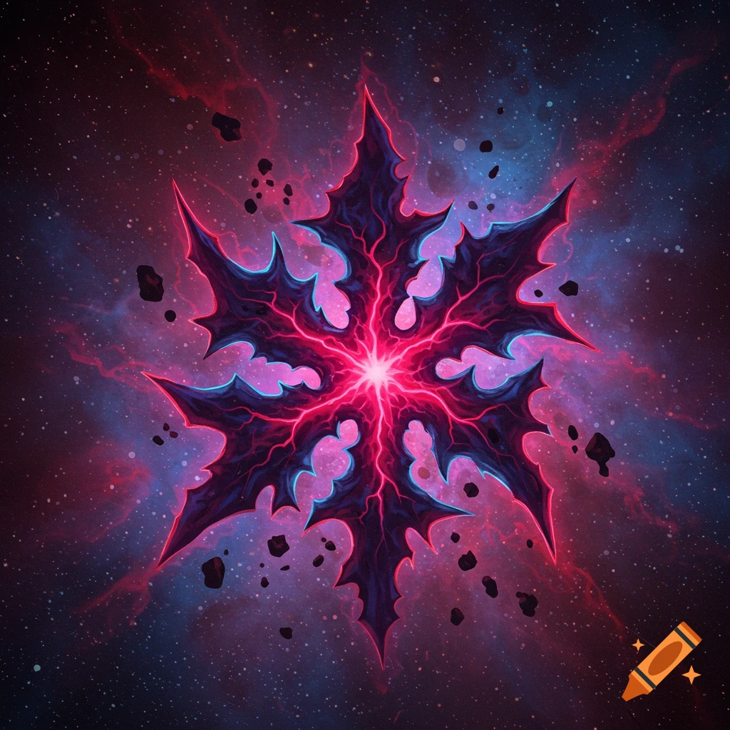 Dark, spiky cosmic shape with pink glow in a starry space with nebulas ...